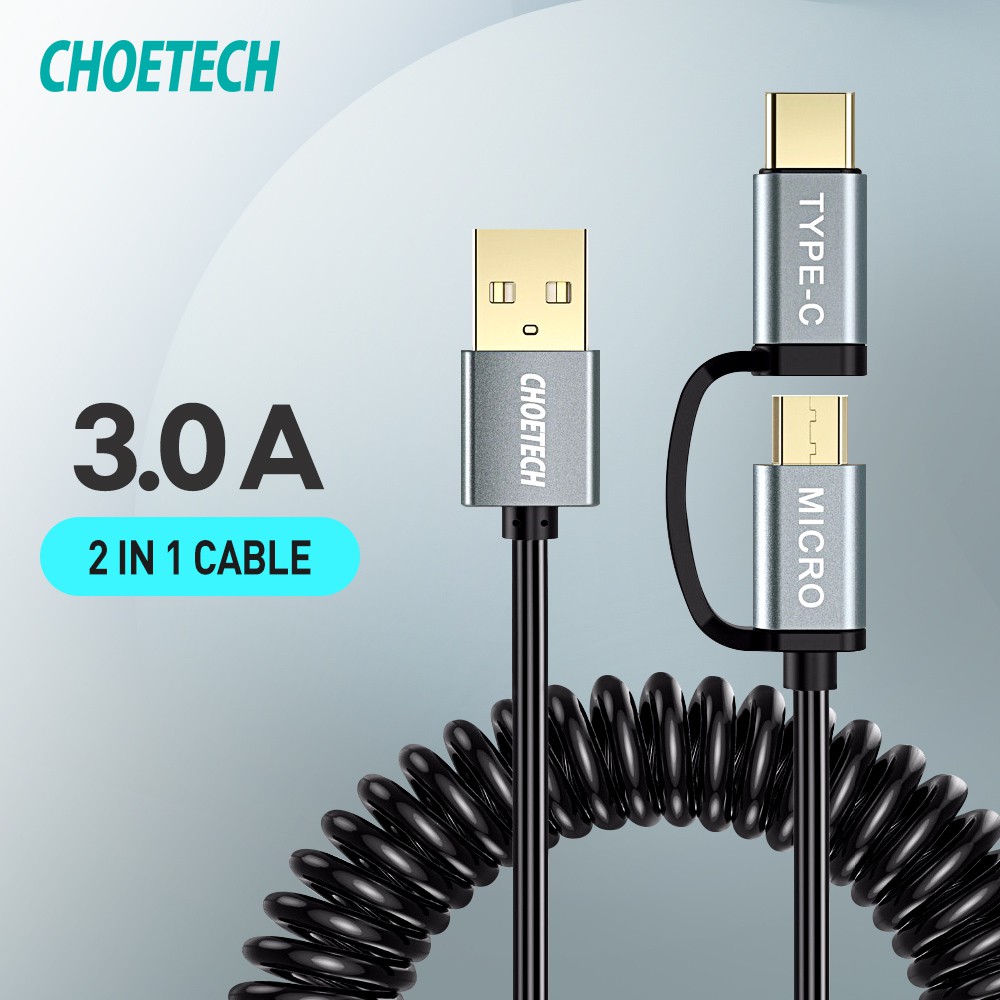 Choetech Kabel Charger 2 In 1 Micro Usb Usb Type C Spring Cable 3a