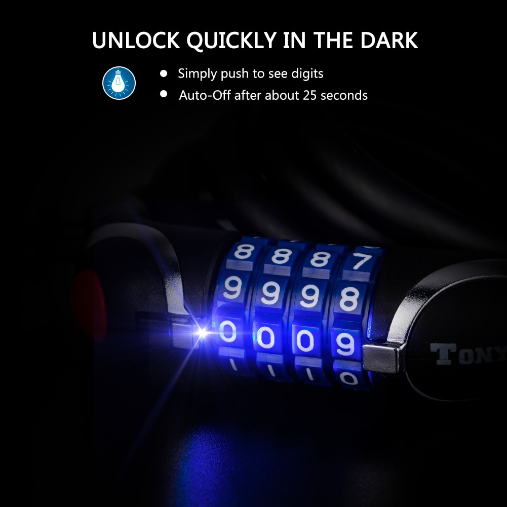 TONYON Gembok Sepeda Kombinasi Angka 4 Digit LED Light Anti-Theft Chain ...
